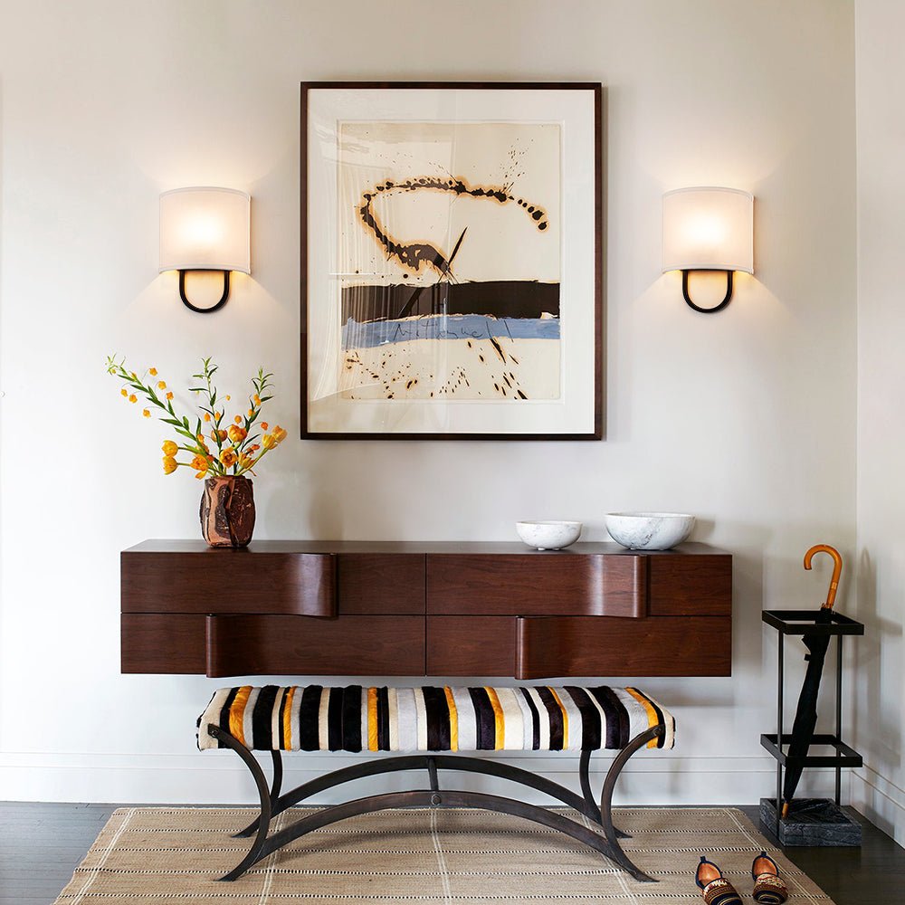 1-Light Minimalist Arch-bridge Shaped Linen Wall Sconce | Chandelierias