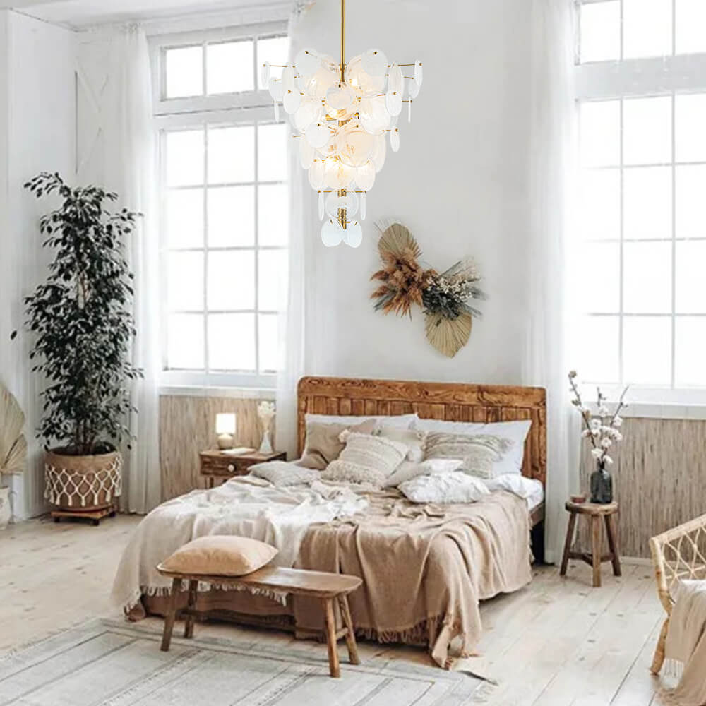 Modern 12-Light White Strie Glass Cone-Shape Tiered Chandelier ...