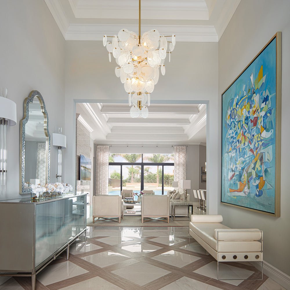 Modern 12-Light White Strie Glass Cone-Shape Tiered Chandelier ...