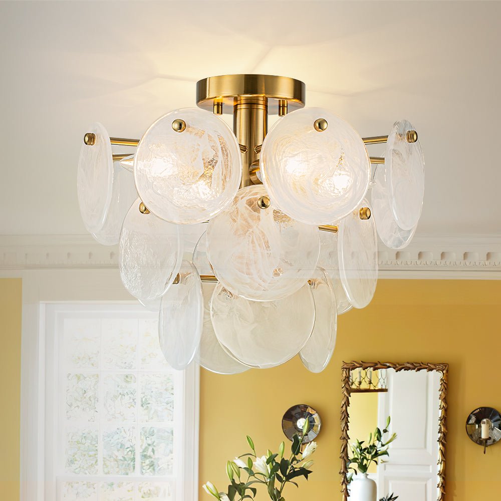 Modern 4-Light White Strie Glass Tiered Semi-Flush Mount | Chandelierias