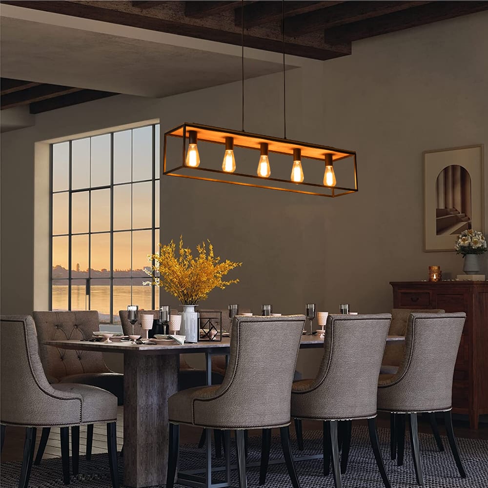 Modern Farmhouse Rectangular Wood 5-Light Caged Chandelier | Chandelierias