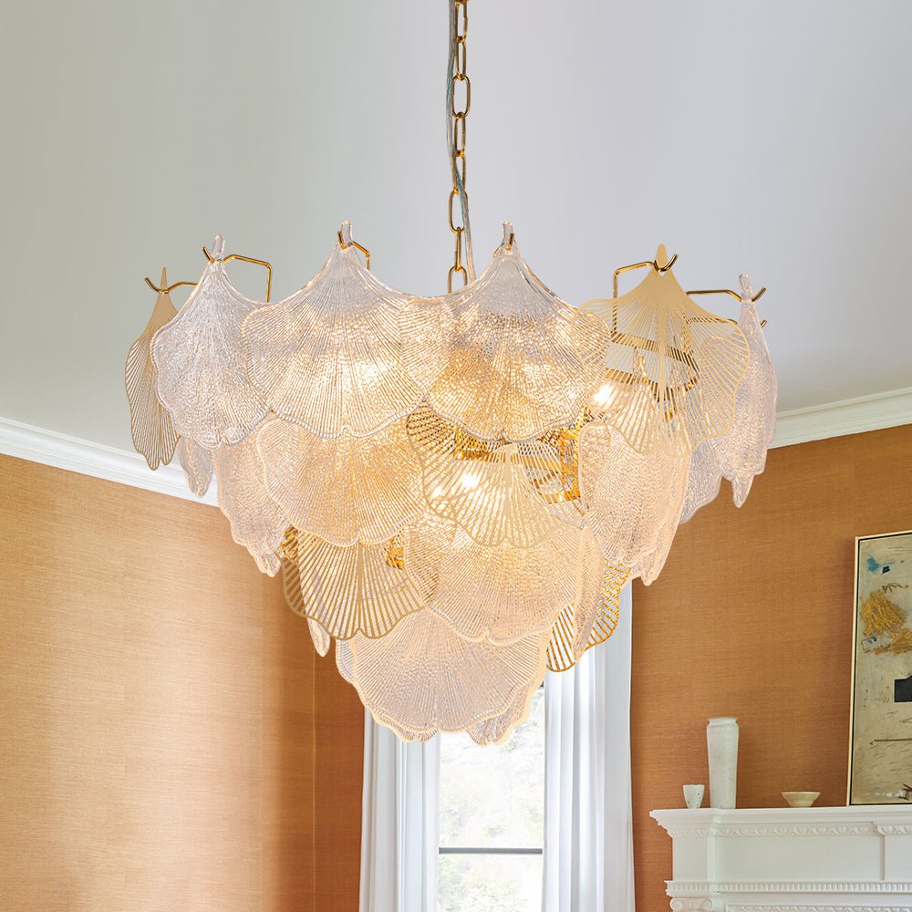 Glam Glass & Metal Ginkgo Leaf Accents Chandelier | Chandelierias