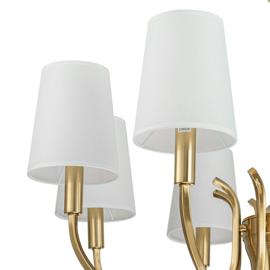 Brass 8-Light Swooping Curve Linen Shade Chandelier | Chandelierias
