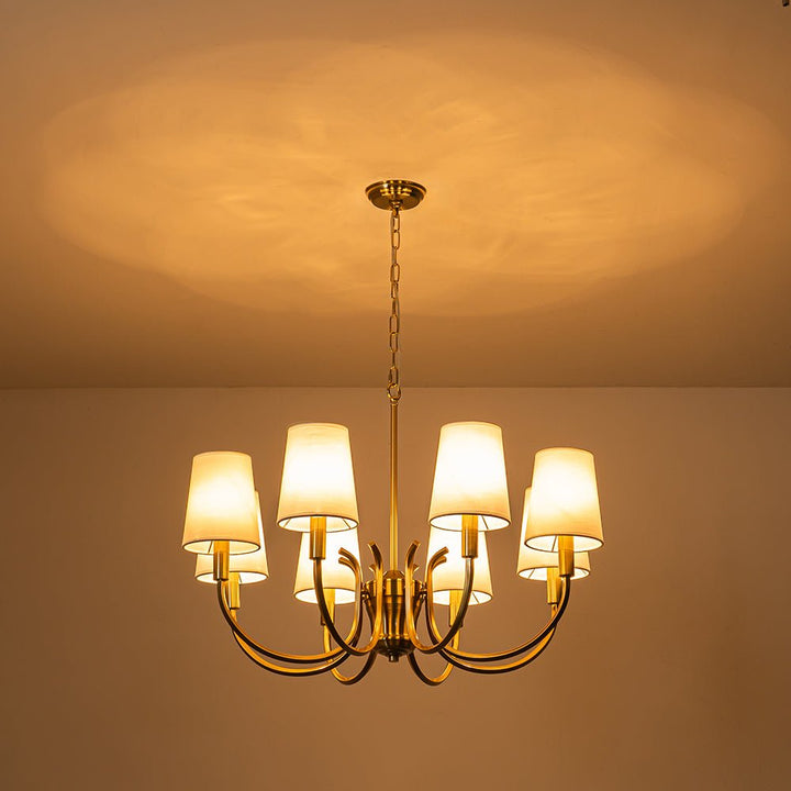 Brass 8-Light Swooping Curve Linen Shade Chandelier | Chandelierias